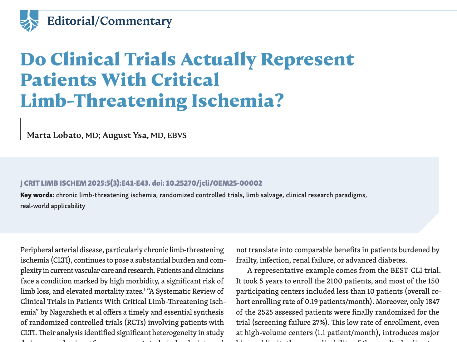 Do Clinical Trials Actually Represent Patients With CLTI? | JCLI